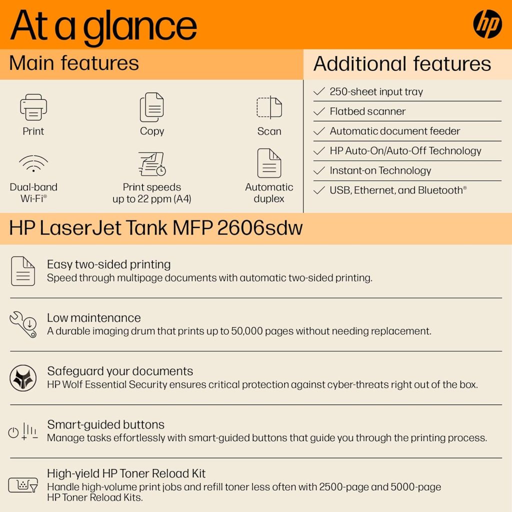 HP Laserjet Tank MFP 2606sdw, Wireless, Print, Copy, Scan, 40-Sheet ADF ...